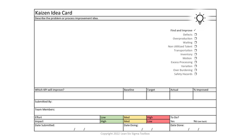 Kaizen Idea Cards – Lean Six Sigma Toolbox